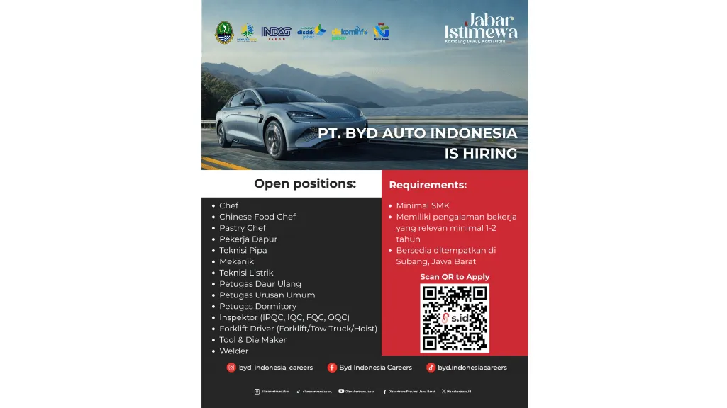 PT BYD Auto Indonesia Buka Peluang Karier di Subang-Jawa Barat